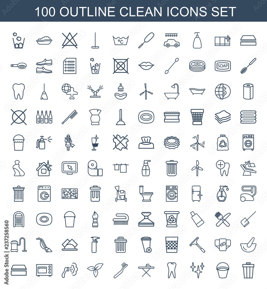clean icons. Set of 100 outline clean icons included trash bin, bucket ...