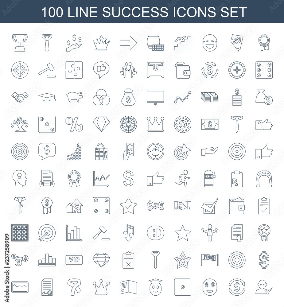 success icons. Set of 100 line success icons included user and tick ...
