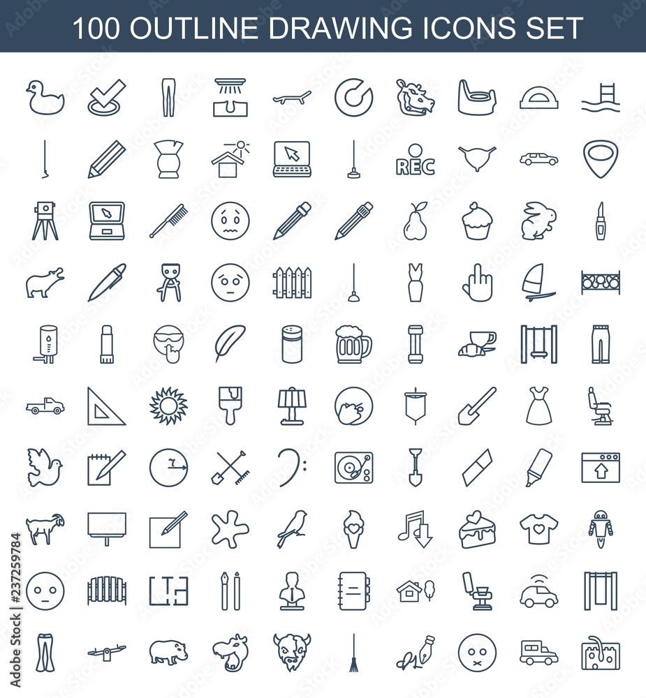 drawing icons. Set of 100 outline drawing icons included hair, truck ...