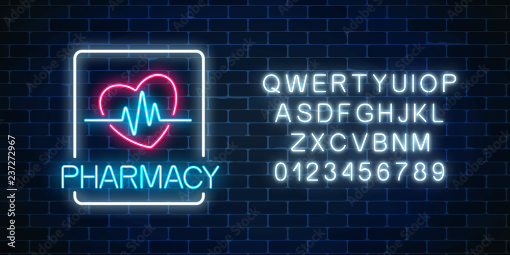 Neon pharmacy glowing signboard with heart shape and pulse graph with ...