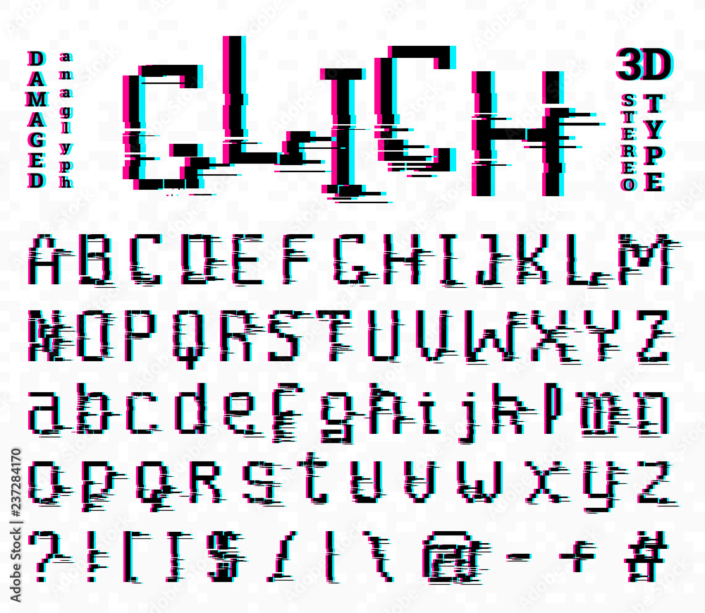 Pixel Glitch font. noise 8-bit symbols. Digital video game style ...