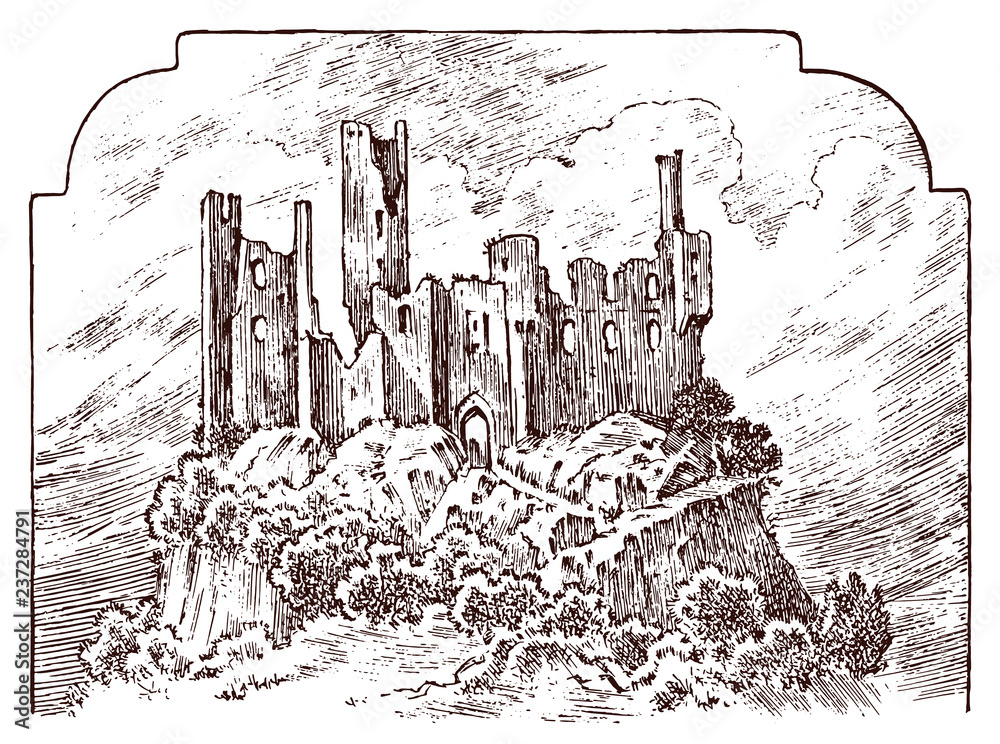 Castle on a hill. Ancient Landscape for the label. Engraved Hand drawn ...
