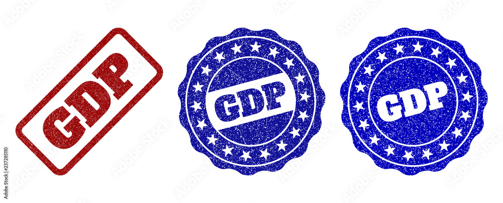 GDP grunge stamp seals in red and blue colors. Vector GDP imprints with ...