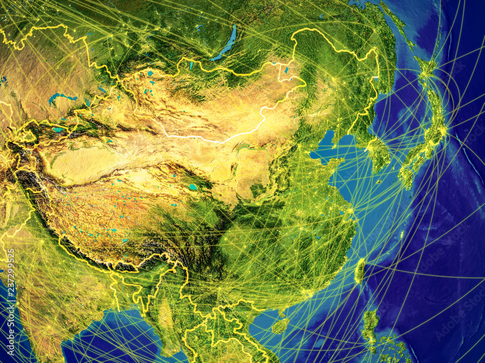 East Asia from space on Earth with country borders and lines ...