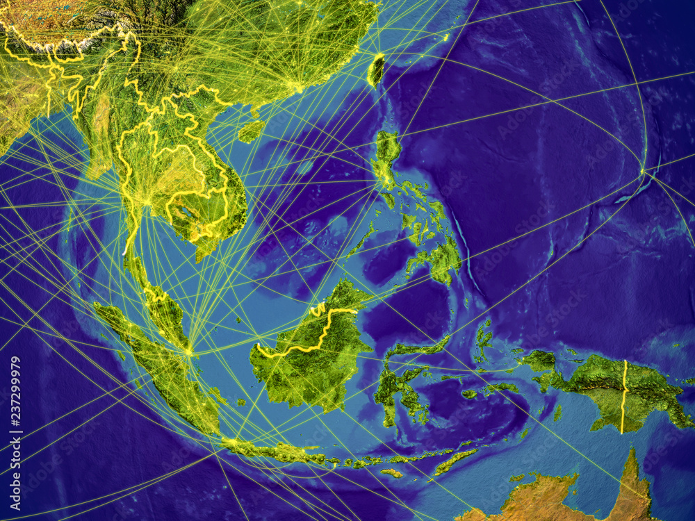 South East Asia from space on Earth with country borders and lines ...