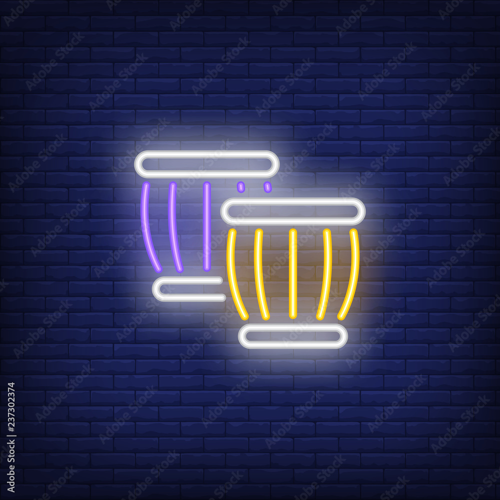 Ethnic drums neon sign. Summer and vacation design. Night bright neon ...