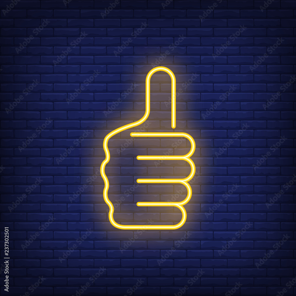Hand showing thumb up neon sign. Approval gesture design. Night bright ...