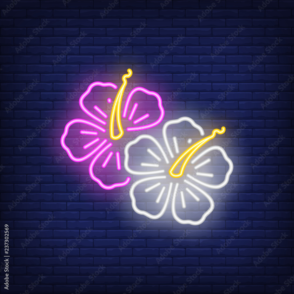 Hibiscus flowers neon sign. Summer and vacation design. Night bright ...