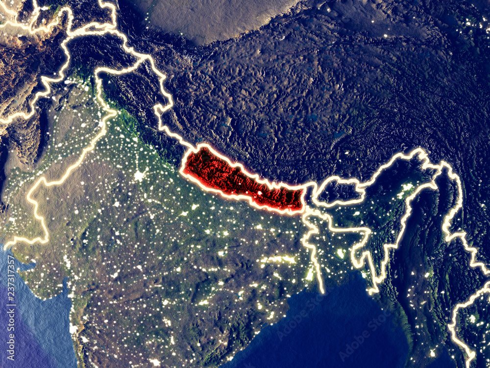 Nepal from space on Earth at night. Very fine detail of the plastic ...