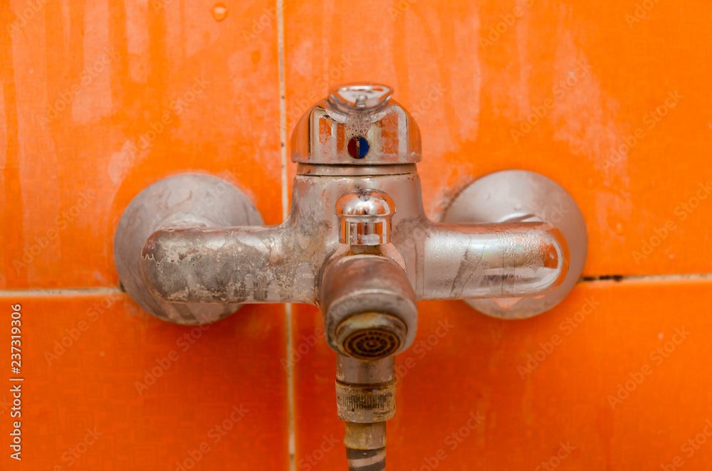 Mold, Fungus and limescale on the bathroom faucet. Dirt and unsanitary ...