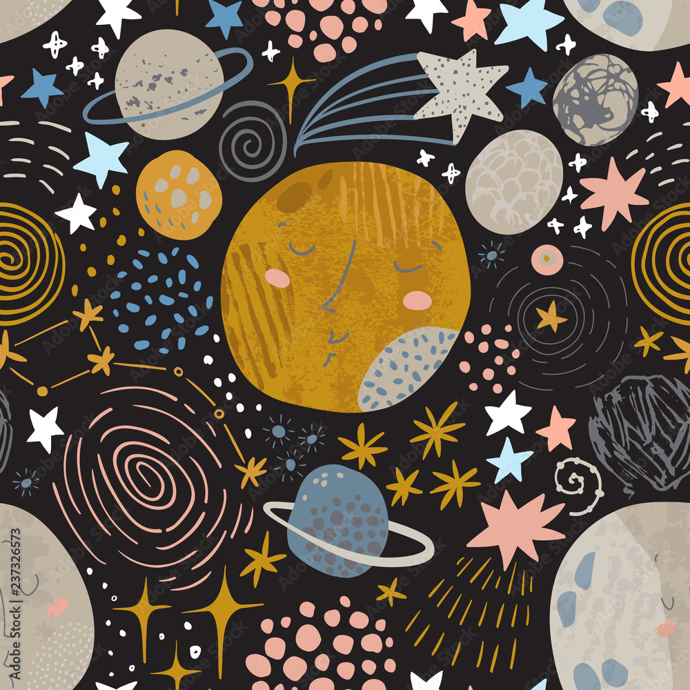 Cartoon cosmic background: cute planets, moon, shooting stars, galaxy ...
