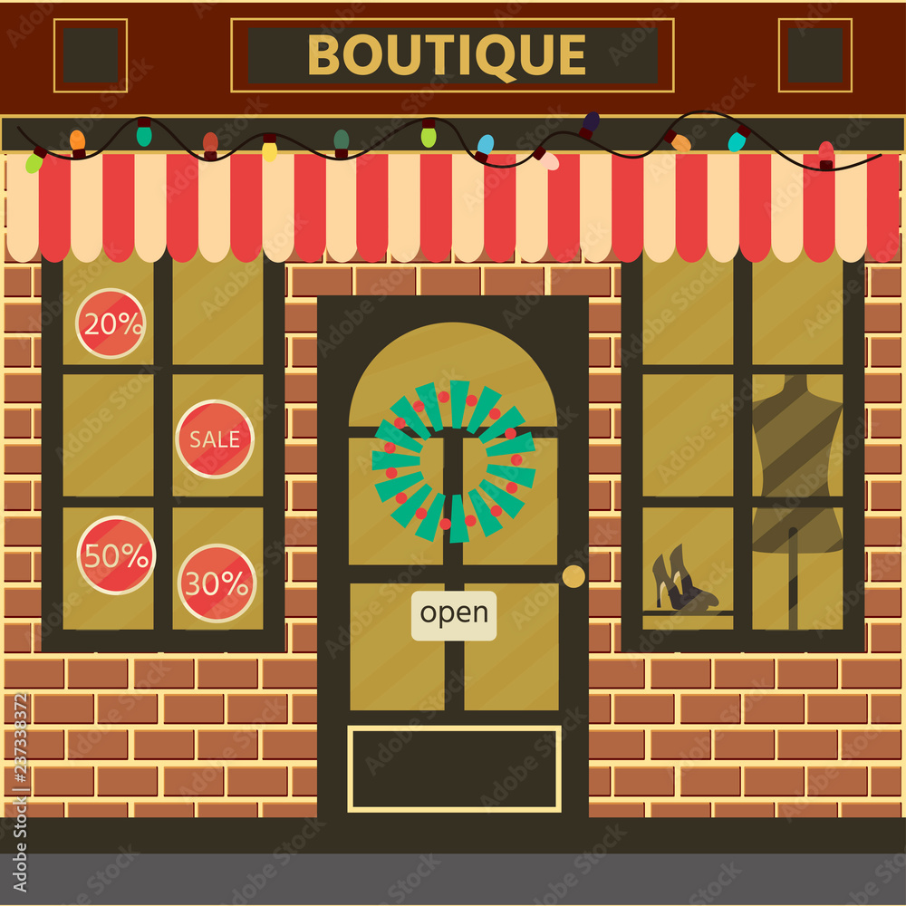 Boutique front view. Girl with shopping, with packages. City design ...