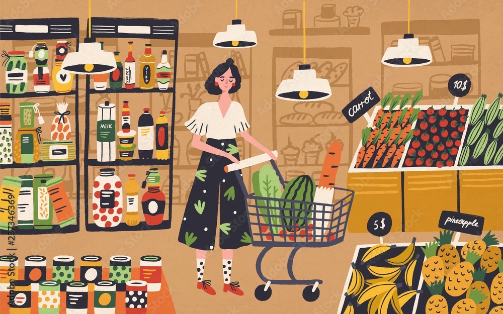 Cute young woman with shopping cart choosing and buying products at ...