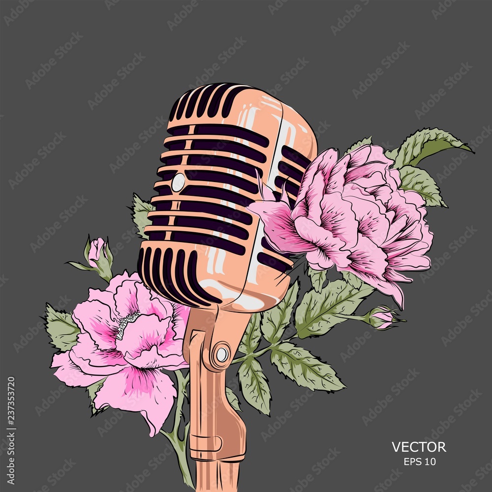 The image of the microphone with flowers. Floral print for clothes ...