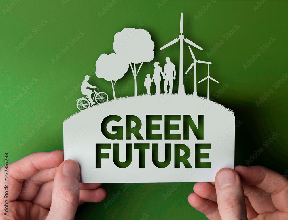 Green Future - green environmental paper background with wind turbines ...