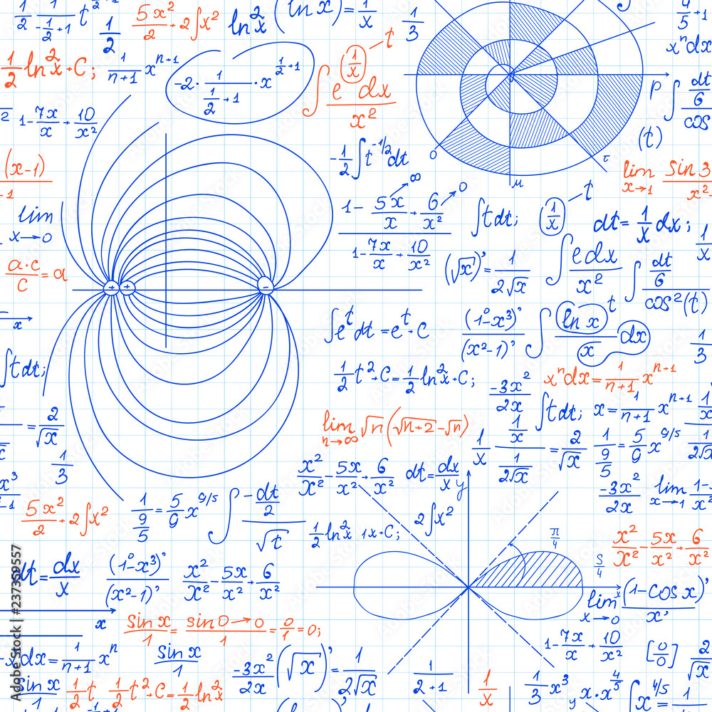 Mathematical Vector Seamless Pattern With Math And Physical Formulas Calculations And Plots
