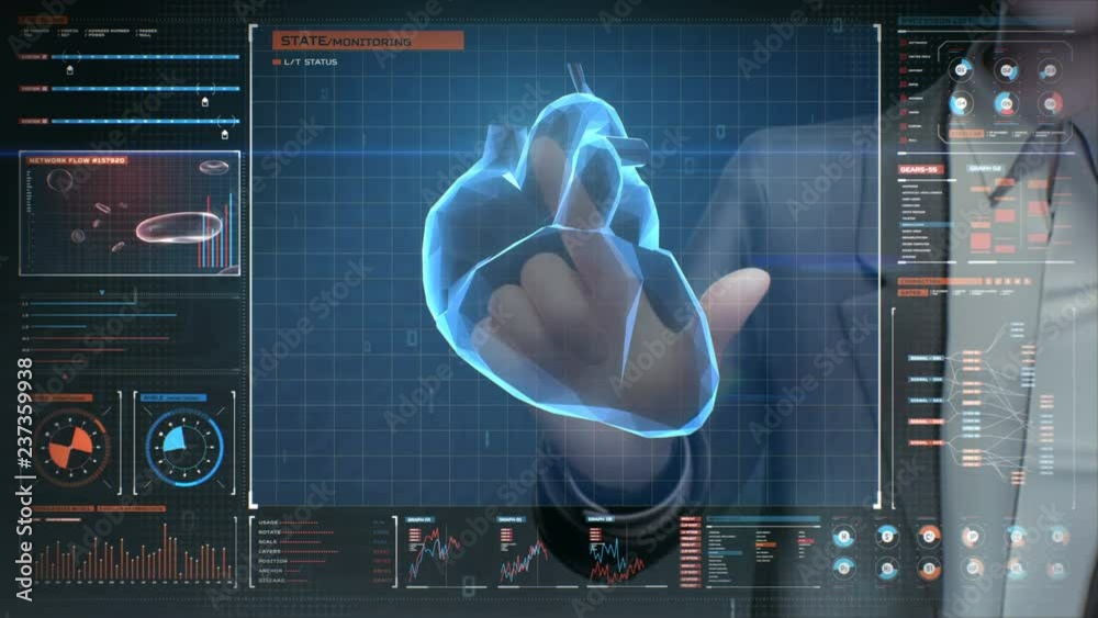 Businessman touching digital screen, scanning polygon heart. Human ...