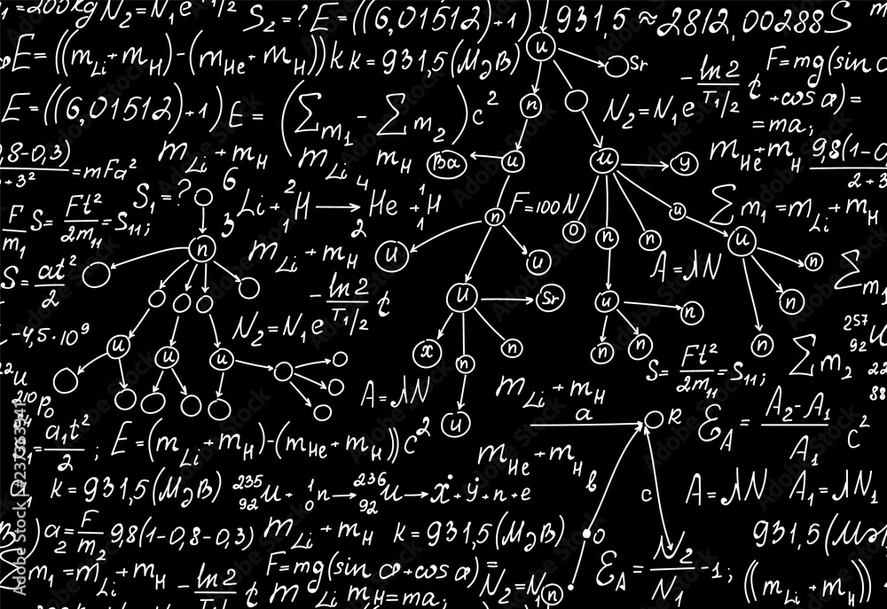 Vector scientific seamless texture with handwritten formulas of nuclear physics Stock Vector ...