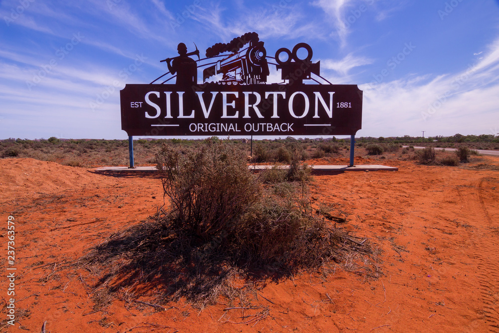 Silverton town welcome sign. Gateway to outback Australia with red ...