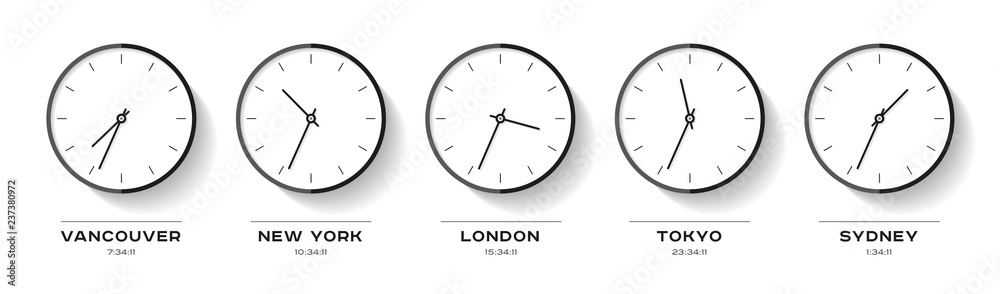 World time. Simple Clock icons in flat style. Vancouver, New York ...