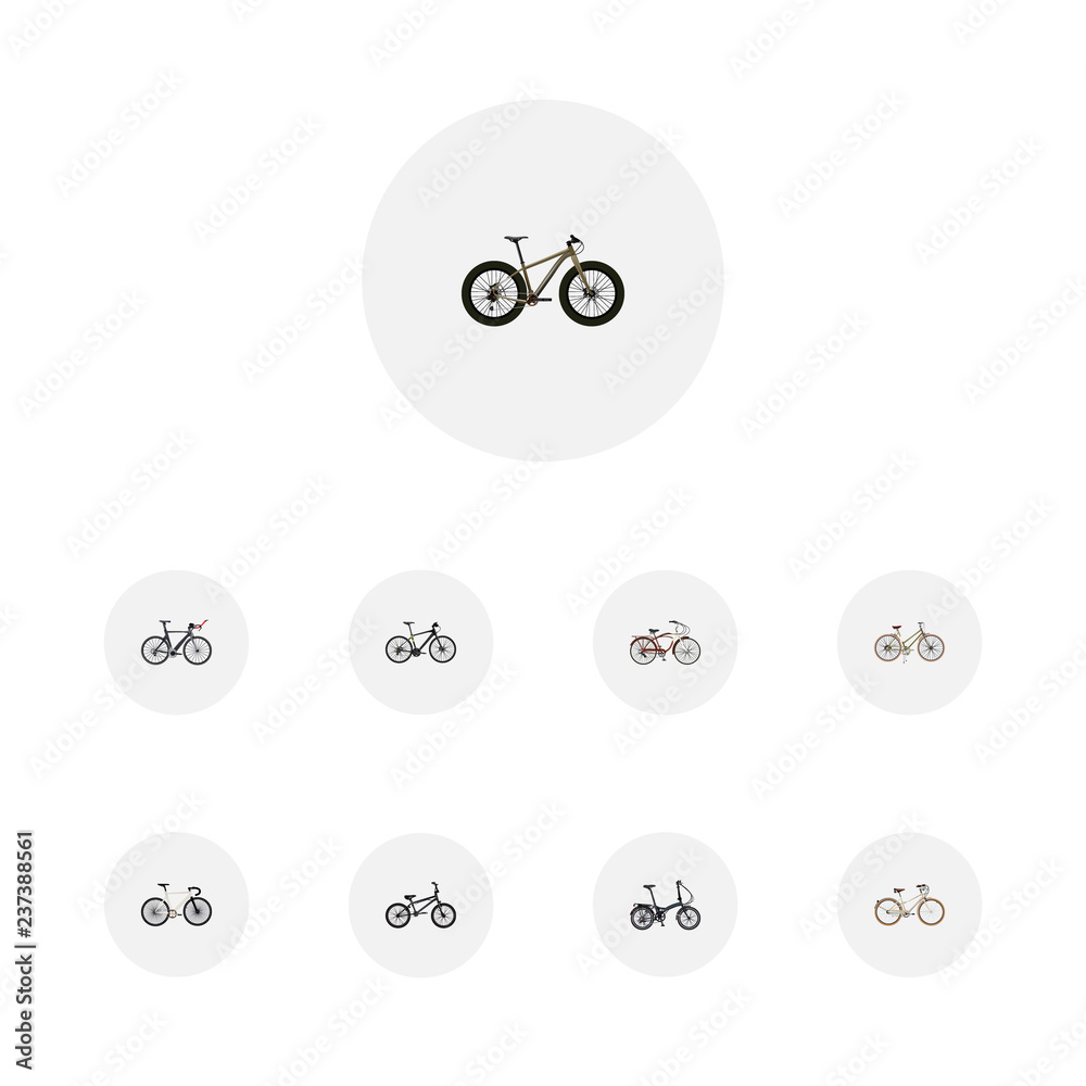 Set of bicycle realistic symbols with track cycle, woman cycle, fitness ...