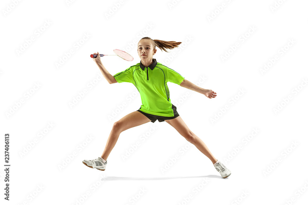 The one caucasian young teenager girl playing badminton at studio. The ...