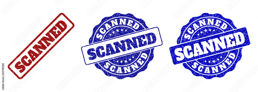 SCANNED scratched stamp seals in red and blue colors. Vector SCANNED ...