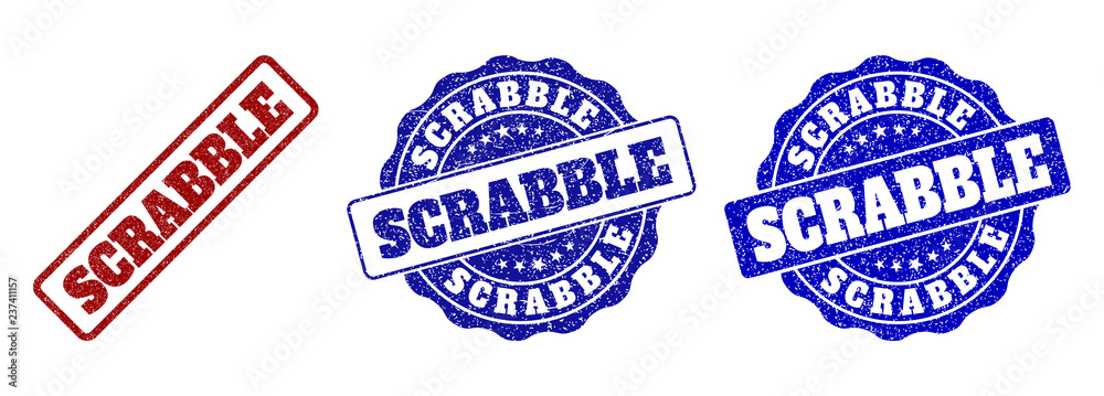 SCRABBLE scratched stamp seals in red and blue colors. Vector SCRABBLE ...