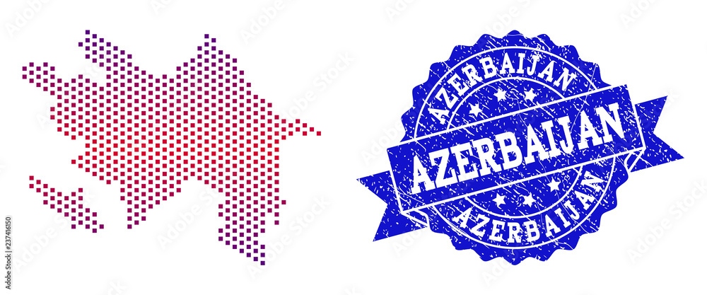 Geographic combination of dotted map of Azerbaijan and grunge seal ...