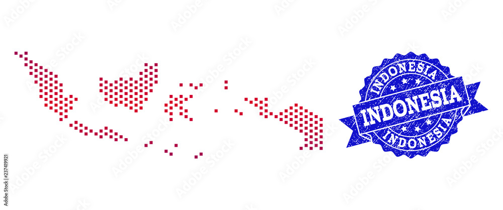 Geographic composition of dotted map of Indonesia and grunge stamp ...