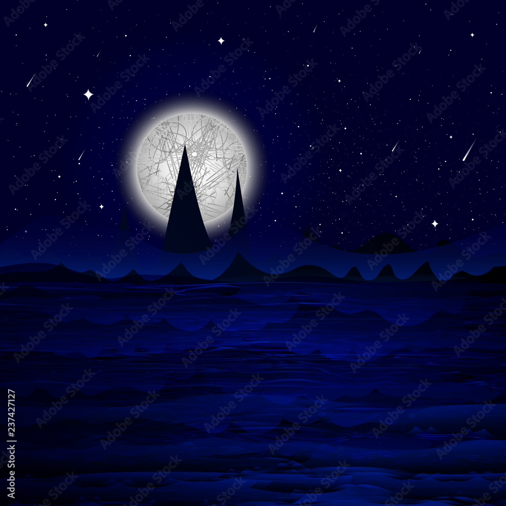 Illustration - full moon. North Pole. Frozen Ocean. Another cold planet ...
