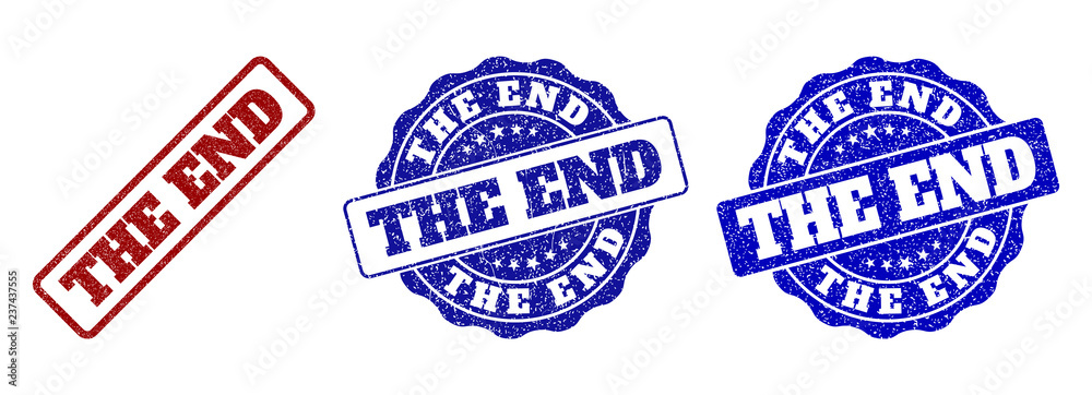 THE END grunge stamp seals in red and blue colors. Vector THE END marks ...
