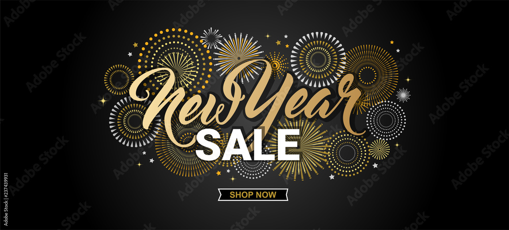 Happy New Year sale banner. vector illustration with Fireworks black ...