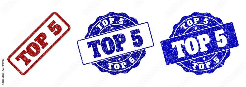 TOP 5 grunge stamp seals in red and blue colors. Vector TOP 5 imprints ...