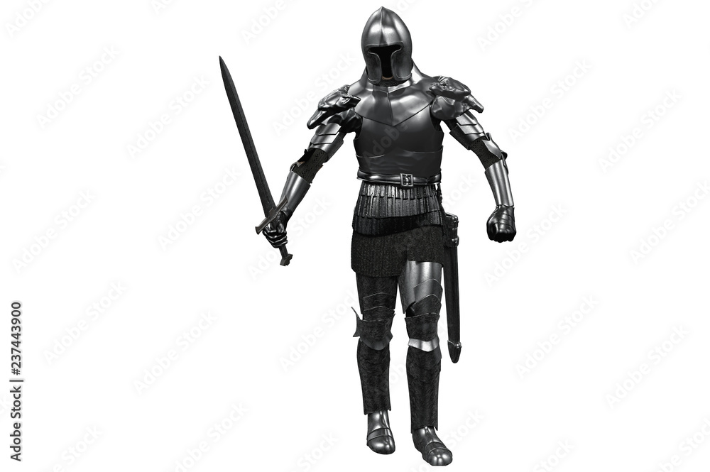 knight in armor with sword in hand on white background 3D render Stock ...