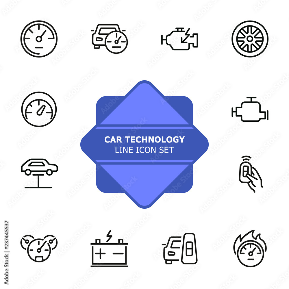 Car technology line icon set. Wheel, remote key, electric engine ...