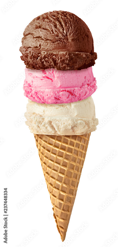 Chocolate Strawberry And Vanilla Ice Cream Scoops With Cone Isolated