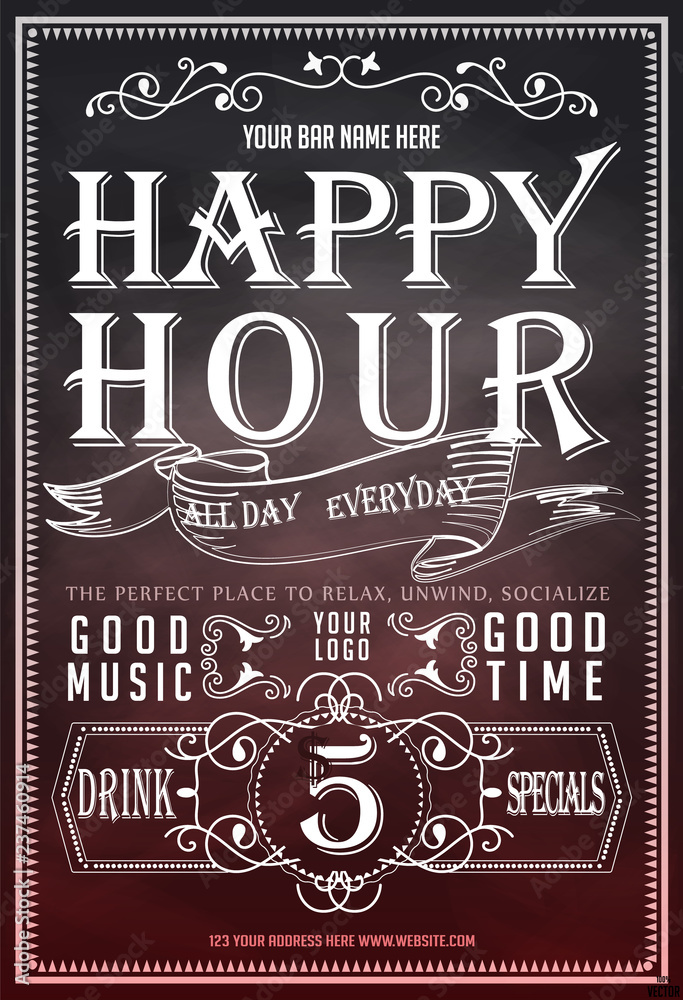 Happy hour on chalkboard. Beautiful greeting card poster, calligraphy ...