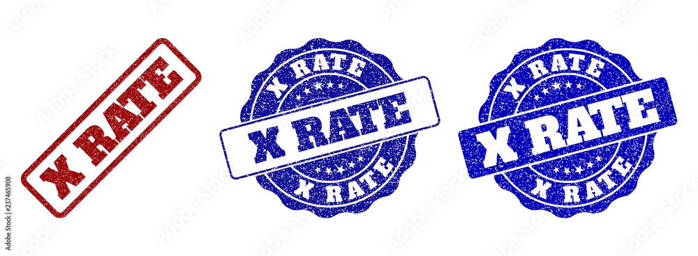 X RATE scratched stamp seals in red and blue colors. Vector X RATE ...