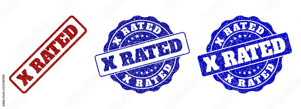 X RATED scratched stamp seals in red and blue colors. Vector X RATED ...