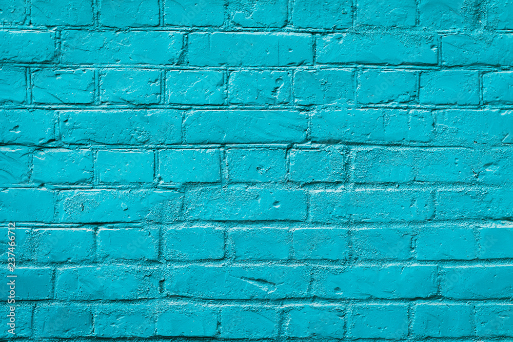 Painted brick wall, blue color, urban background. Horizontal texture ...