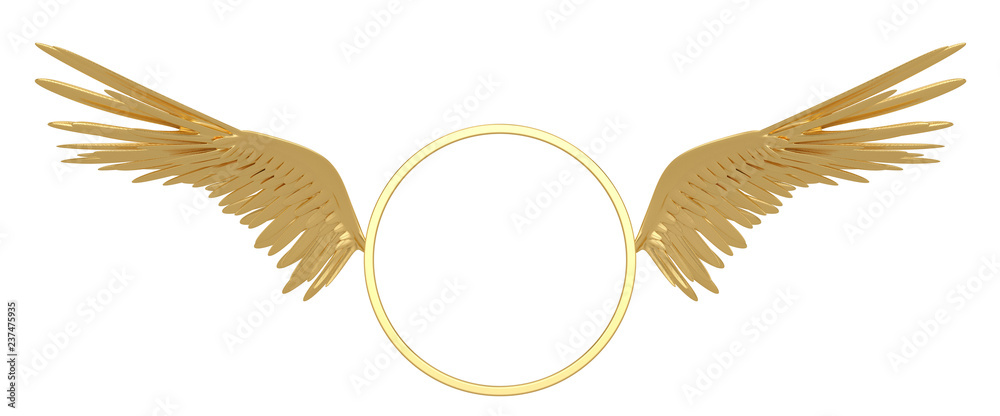 Gold circle with wings isolated on white background 3D illustration ...