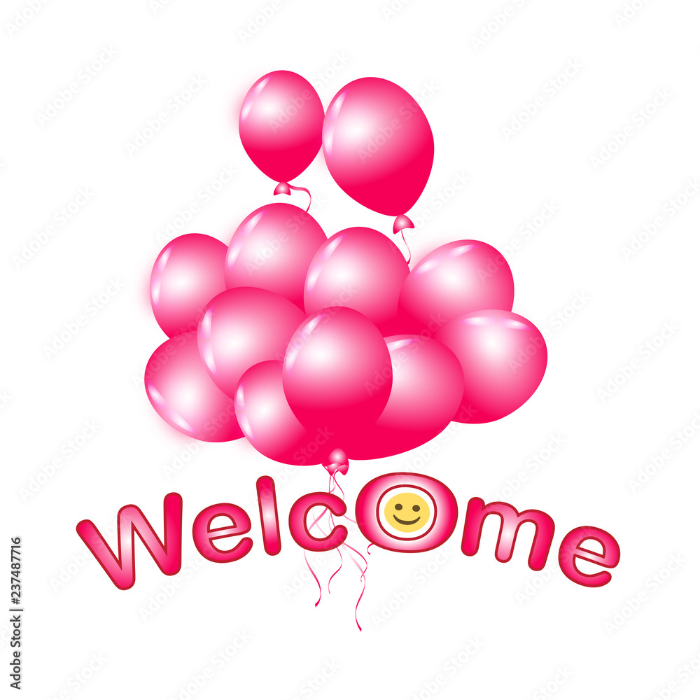 welcome word with smiling face emoji and set of pink balloon ...