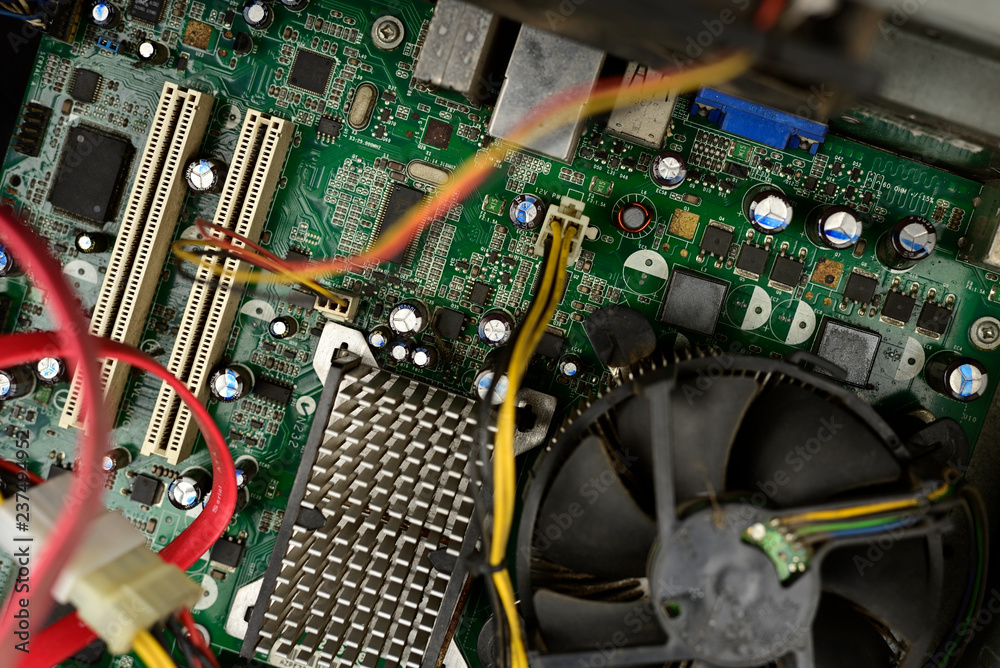 Electronic circuit Board known as a Motherboard in a desktop CPU in a ...