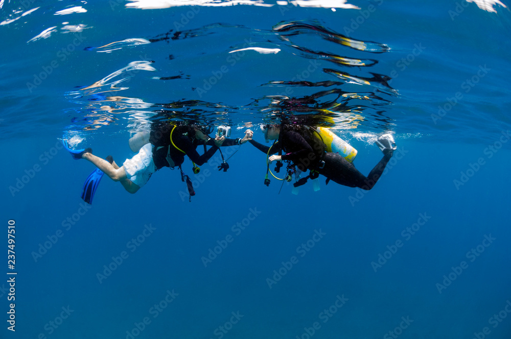 Young Asian couple scuber diver in love holding hands and taking ...