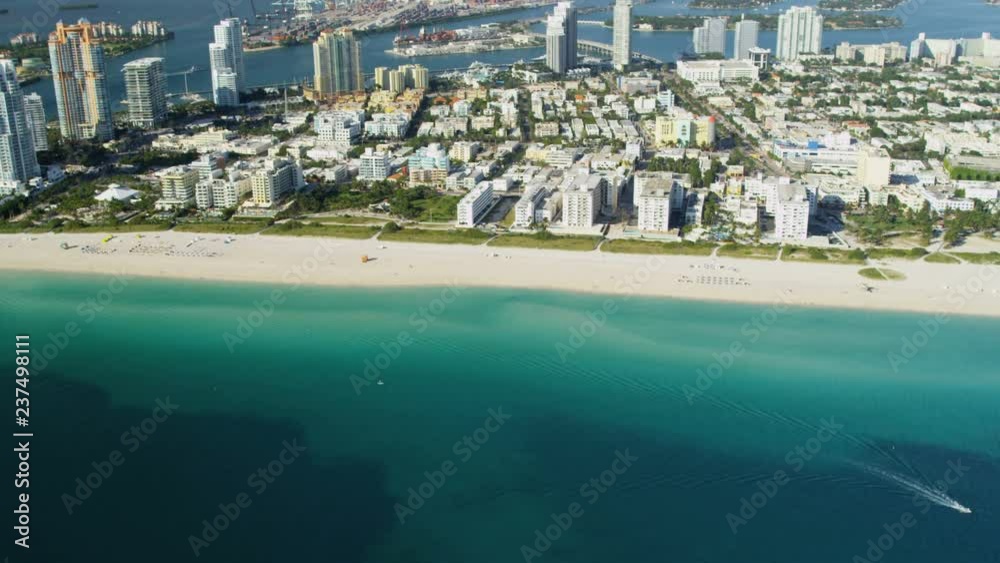 Aerial sunrise view of South Beach luxury Art Deco buildings Miami ...
