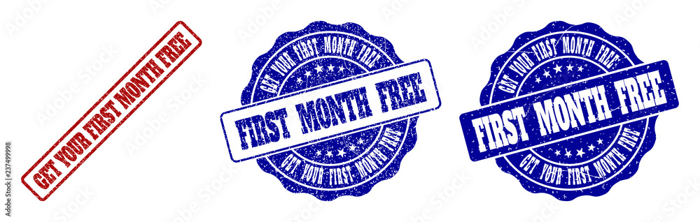 GET YOUR FIRST MONTH FREE grunge stamp seals in red and blue colors ...