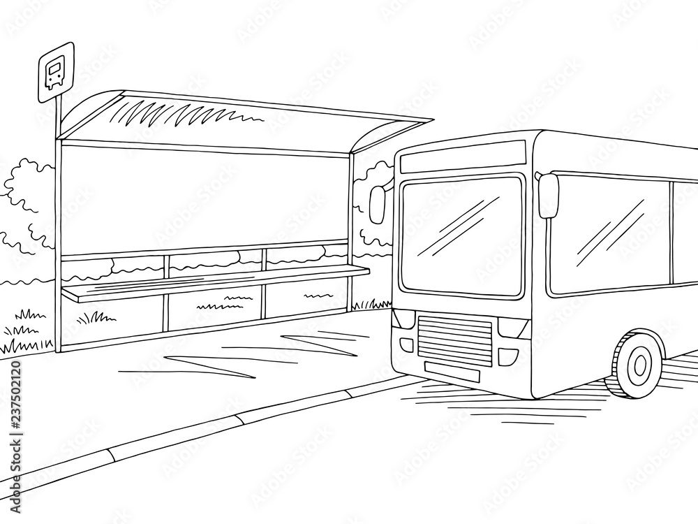 Bus stop graphic black white city street landscape sketch illustration ...
