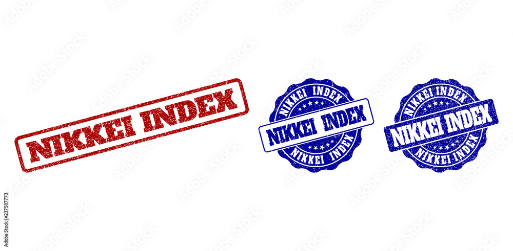 NIKKEI INDEX scratched stamp seals in red and blue colors. Vector ...