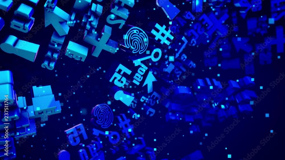 Opt art 3d rendering of spinning light blue computer symbols such as ...